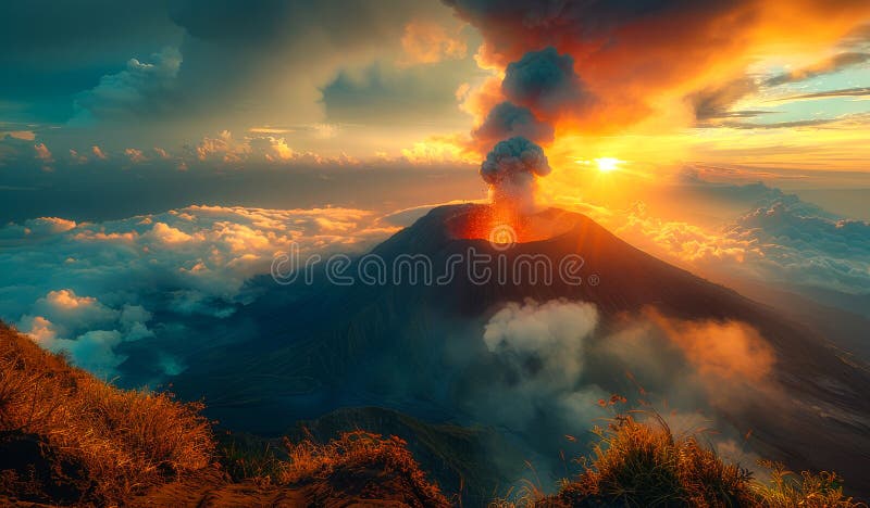 A Volcano is Erupting with Lava and Smoke, and the Sky is Filled with ...