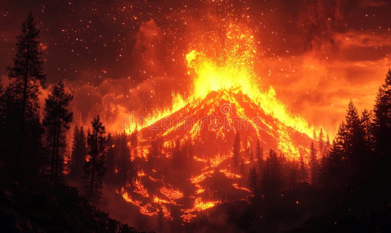 A Volcano is Erupting with Lava and Smoke, Surrounded by Trees Stock ...