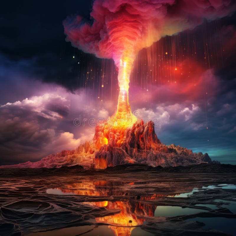 A Volcano Erupting at Night with Scenery in the Background Stock ...