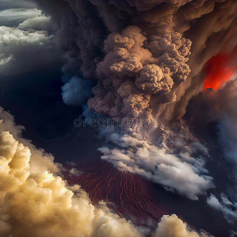 A Volcano Erupting with Plumes of Smoke and Ash Visible from an Aerial ...