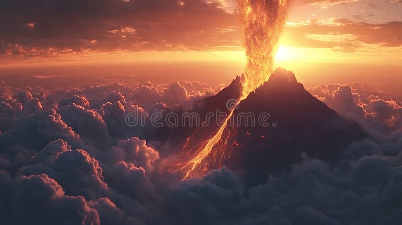Volcano Erupting at Sunset with Lava Flowing Down the Mountainside ...