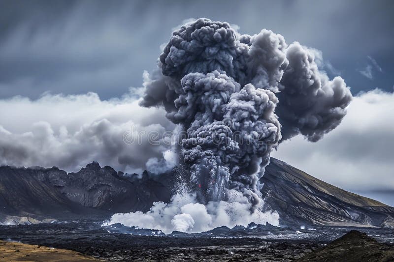 Volcano Eruption with Ash and Smoke in the Sky Stock Illustration ...