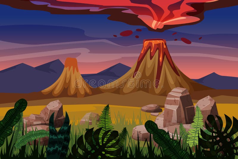 Volcano Eruption, Background Landscape Plain, Vegetation, Stones ... Volcano Eruption, Background Landscape Plain, Vegetation, Stones ...