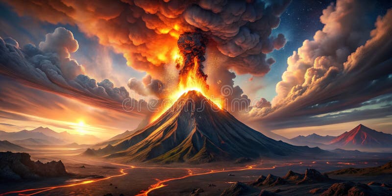 Volcano Eruption Dramatic Scenery of Lava Fumes and Celestial Objects ...
