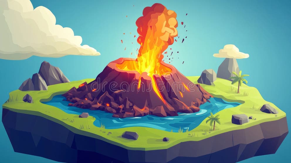 Volcano Eruption on a Floating Island, Low Poly Style Stock ...
