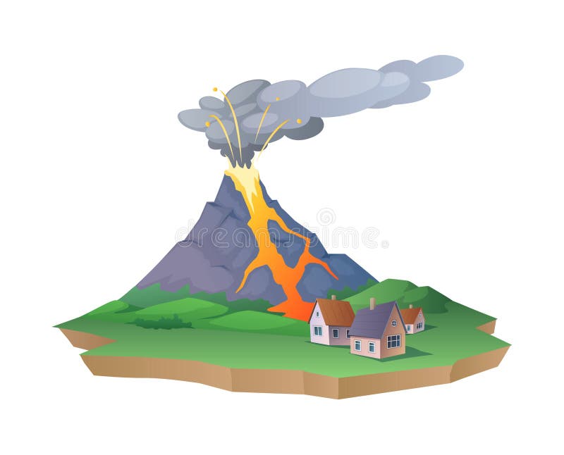 Volcano Eruption with Flowing Lava and Dust Cloud 2D Objects Stock ...