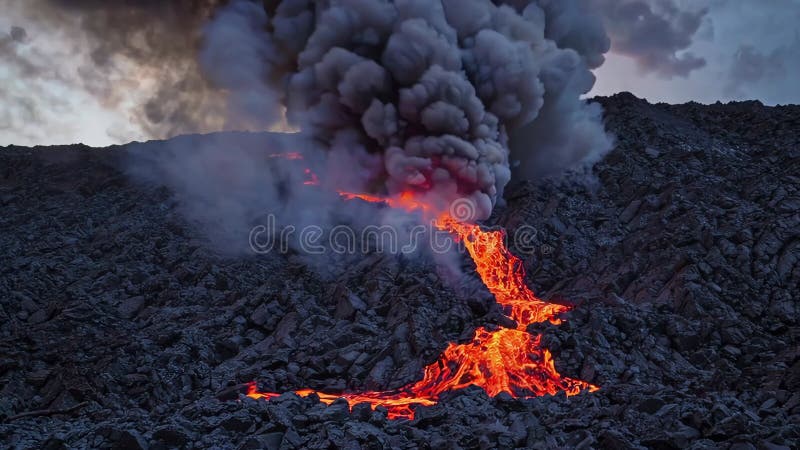 Volcano Eruption with Flowing Lava and Thick Smoke Stock Footage ...