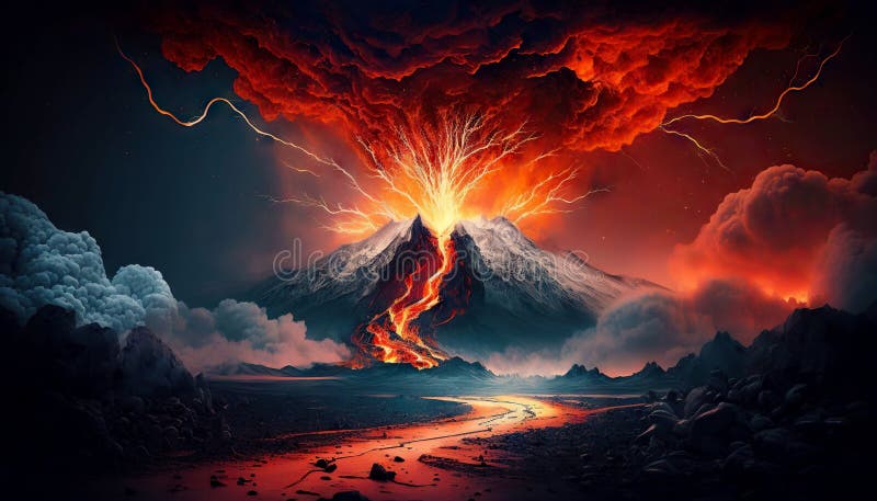 Volcano Eruption. Lava Flow Down the Slopes. Smoke Rises in Night Sky ...