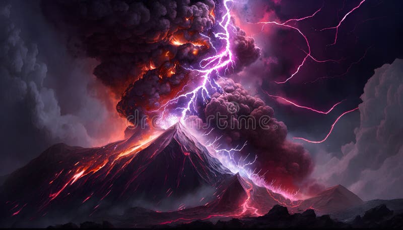 Volcano Eruption with Lava Flow and Lightning. 3D Illustration Stock ...