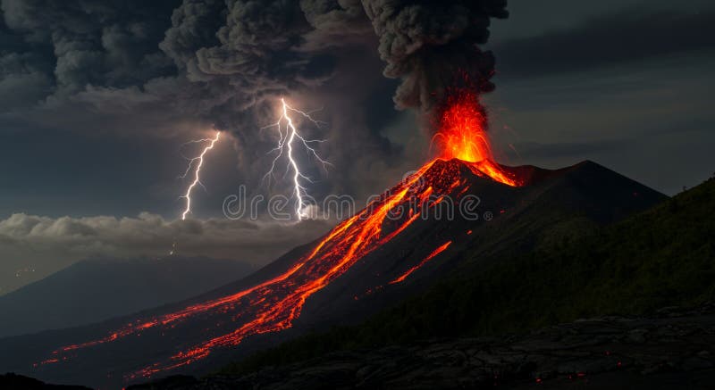 Volcano Eruption with Lava Flow and Lightning Strike in Dramatic Scene ...