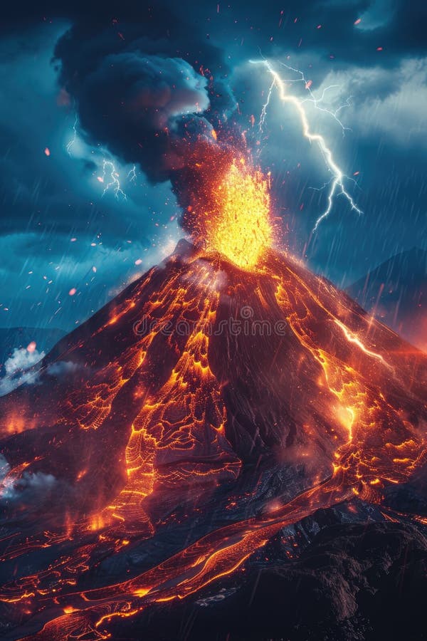 Volcano Eruption with Lava and Lightning Stock Image - Image of ...