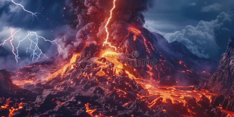 Volcano Eruption with Lava and Lightning Stock Image - Image of cloud ...