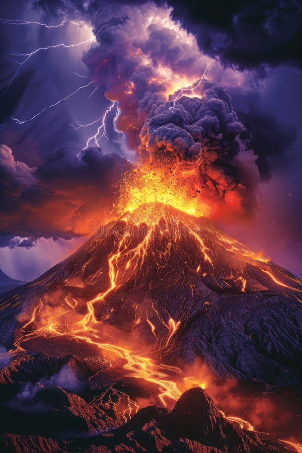 Volcano Eruption with Lava and Lightning Stock Photo - Image of ...