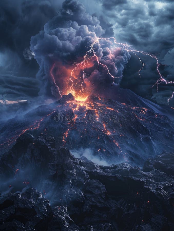 Volcano Eruption with Lava and Lightning Stock Image - Image of volcano ...
