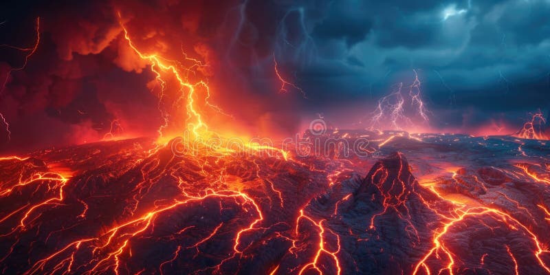 Volcano Eruption with Lava and Lightning Stock Photo - Image of ...