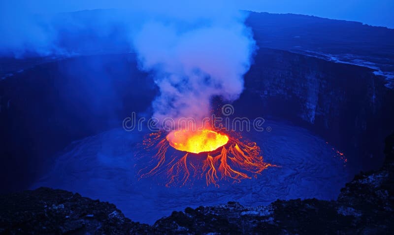 Volcano Eruption with Lava and Smoke, Dramatic Landscape, Night Scene ...