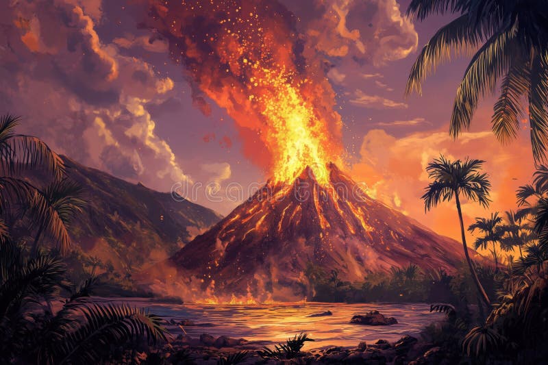 Volcano Eruption with Lava and Smoke, Tropical Landscape, Dramatic ...
