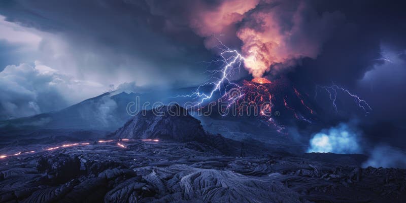 Volcano Eruption with Lightning Stock Photo - Image of natural, moment ...