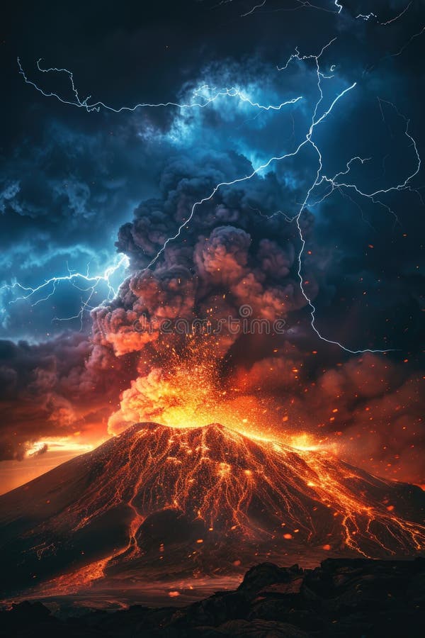 Volcano Eruption with Lightning Stock Image - Image of apocalyptic ...
