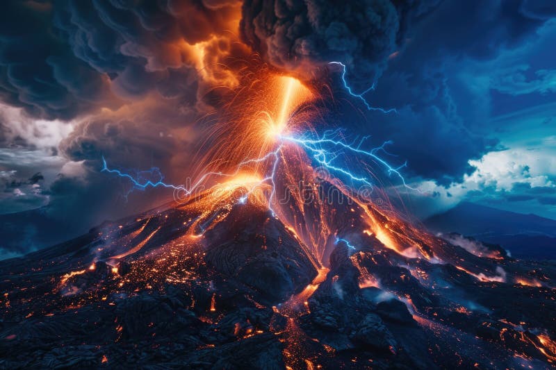 Volcano Eruption with Lightning Stock Image - Image of storm, lava ...