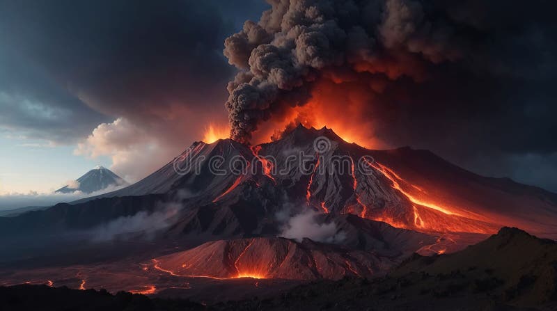Volcano Eruption with Massive High Bursts of Lava and Hot Clouds ...