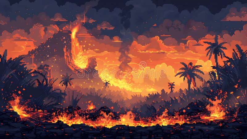 Volcano Eruption Pixel Art Landscape with Lava Trees and Fire Clouds in ...