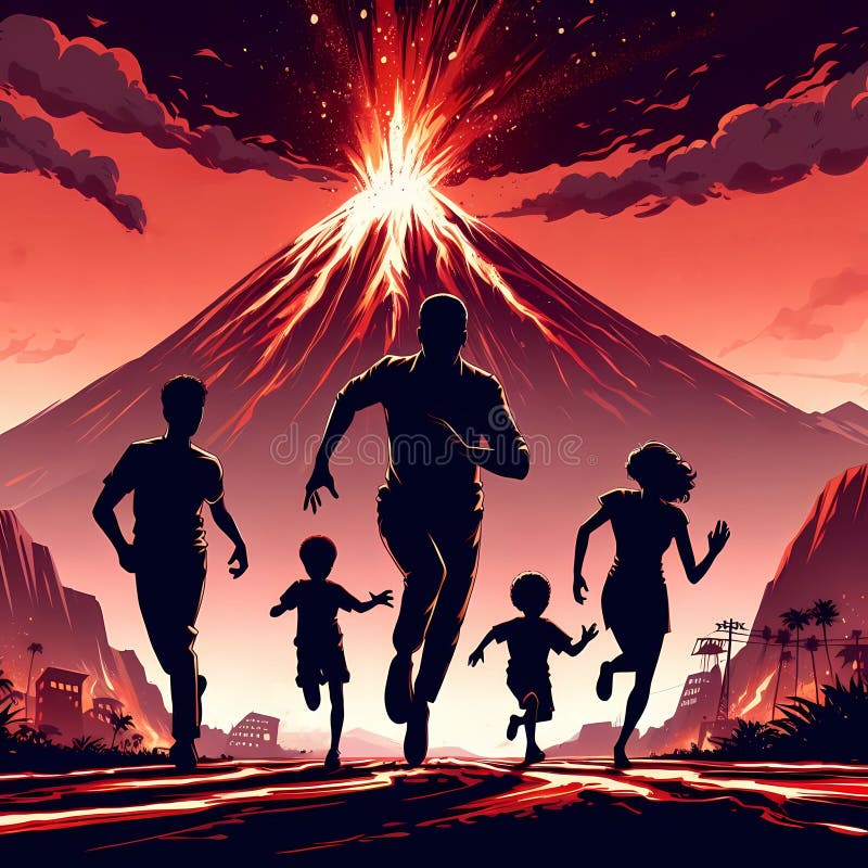 Volcano Eruption Running Family Stock Illustration - Illustration of ...