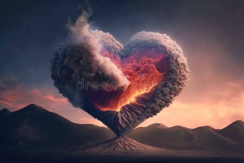 Volcano Eruption, Smoke into Sky in Shape of Heart. Generative AI Stock ...
