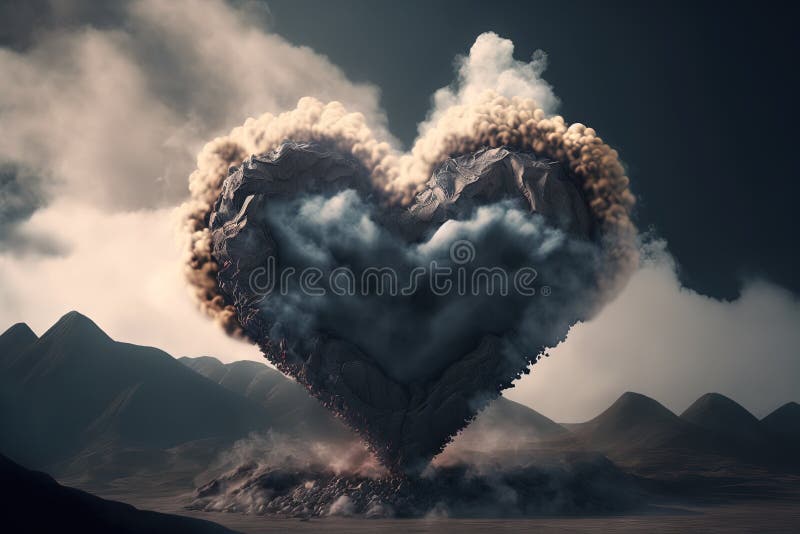 Volcano Eruption, Smoke into Sky in Shape of Heart. Generative AI Stock ...