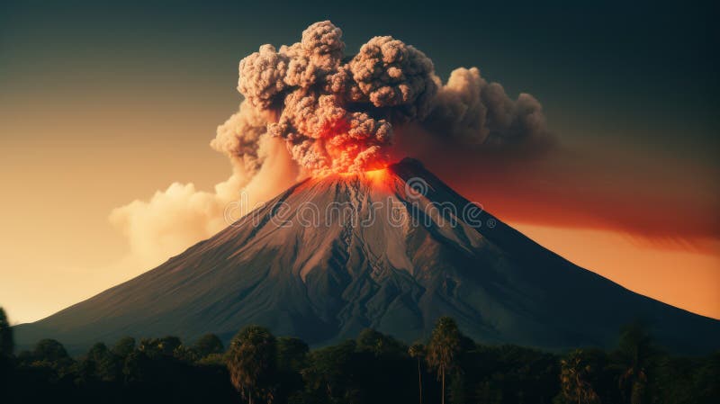 Volcano Eruption at Sunset, 3D Illustration of Active Volcano Eruption ...