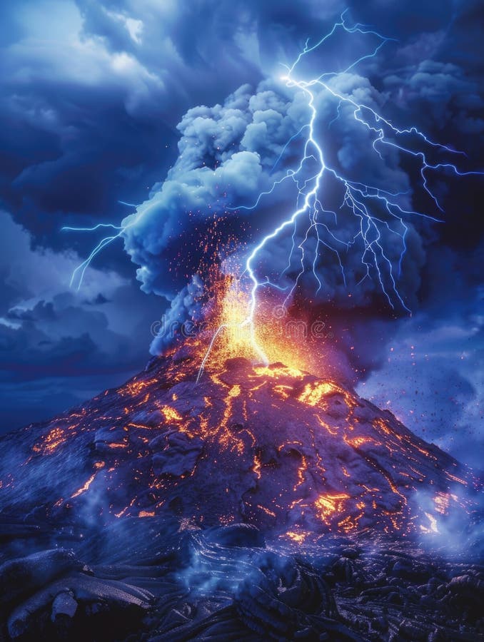 Volcano Erupts with Bright Flash of Lightning Stock Photo - Image of ...