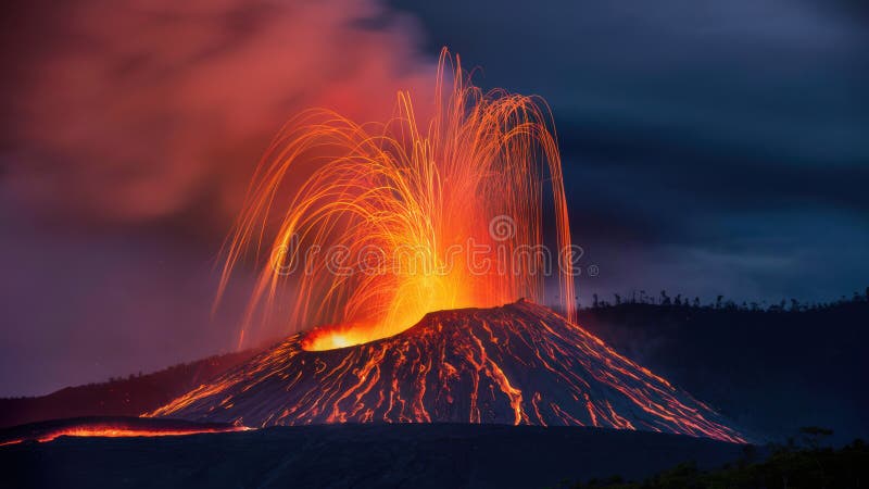 A Volcano Erupts with a Bright Orange Glow and Smoke, AI Stock Image ...