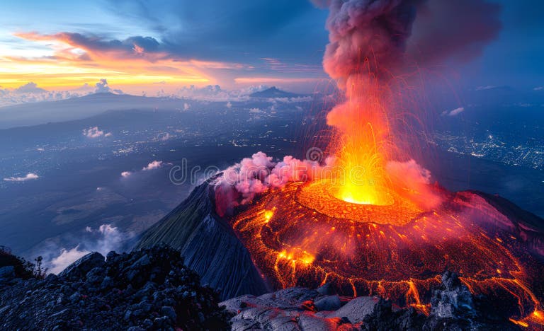 A Volcano Erupts with a Bright Orange Lava Flow. the Sky is Cloudy and ...