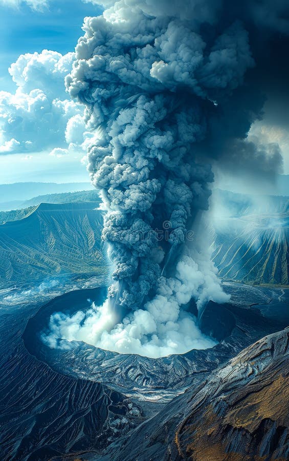 A Volcano Erupts with a Huge Plume of Smoke and Ash. the Sky is Blue ...