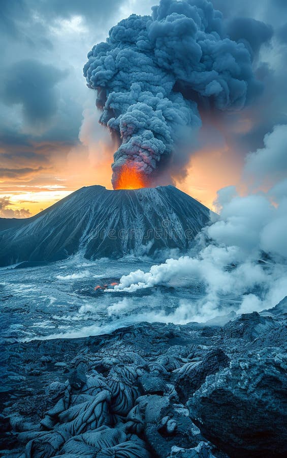 A Volcano Erupts with a Huge Plume of Smoke and Ash. the Sky is Cloudy ...