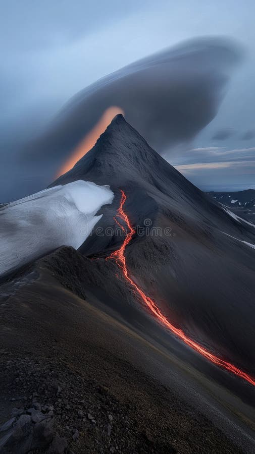 A Volcano Erupts Lava into the Air from the Top of a Mountain Stock ...