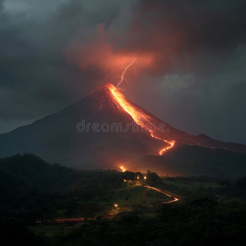 A Volcano Erupts Lava and Lightning in the Sky at Night Stock Image ...