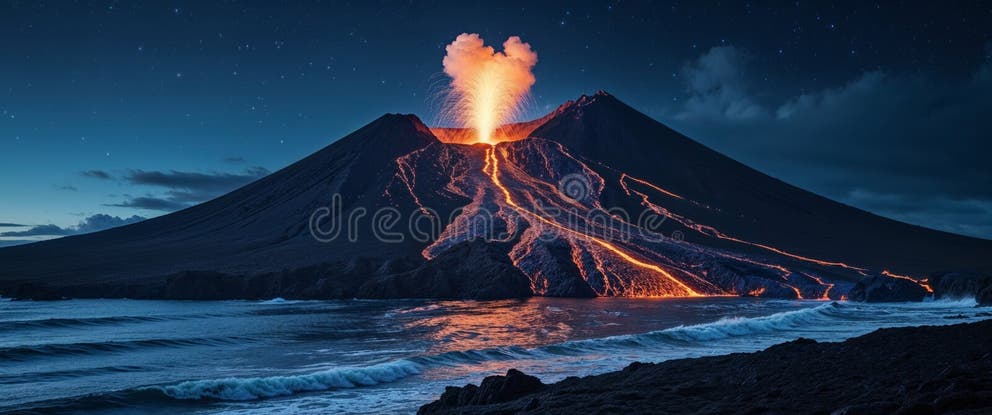 A Volcano Erupts Lava into the Ocean at Night Stock Photo - Image of ...