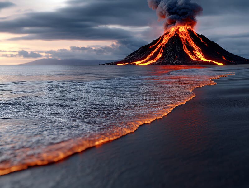 A Volcano Erupts Lava into the Ocean at Sunset Stock Photo - Image of ...
