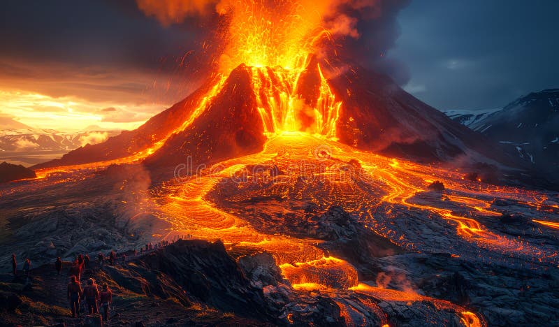 A Volcano Erupts with Lava Spewing Out of it. the Lava Flows Down the ...