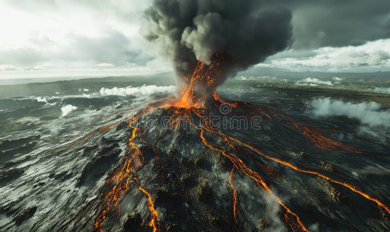 A Volcano Erupts with a Bright Orange Flame Shooting Out of it Stock ...
