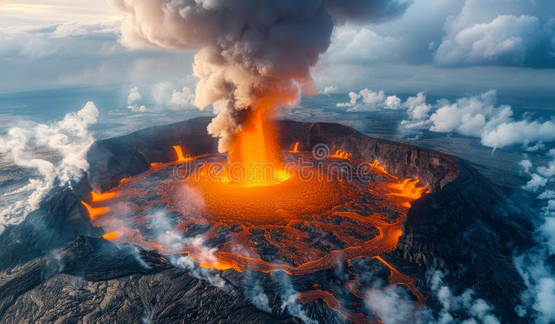A Volcano Erupts with Lava Spewing Out of it. the Sky is Cloudy and the ...