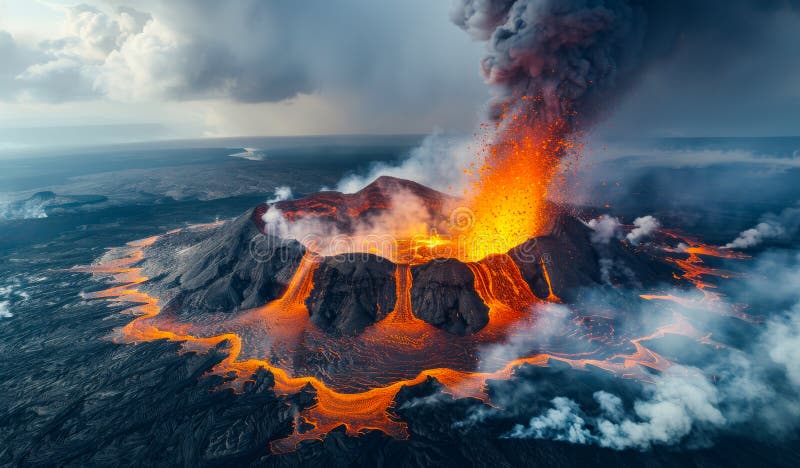 A Volcano Erupts with Lava Spewing Out of it. the Sky is Cloudy and the ...