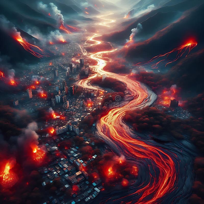 A Volcano Erupts from Melting Streams of Lava Clearing it Way through ...