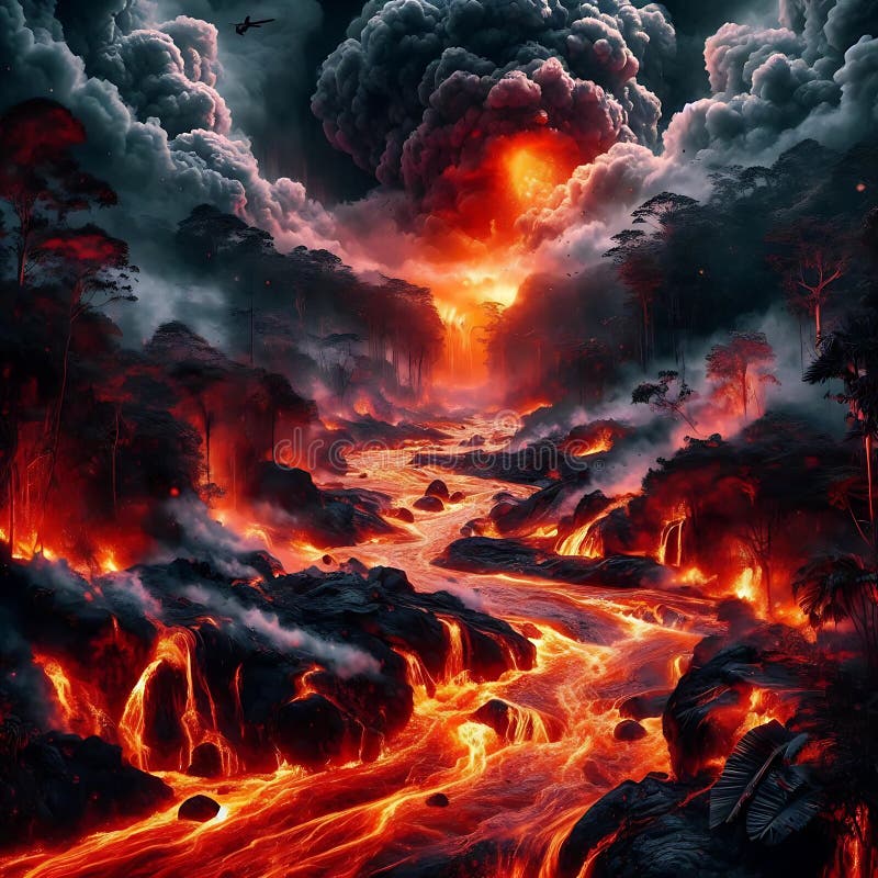 A Volcano Erupts from Melting Streams of Lava Clearing it Way through ...