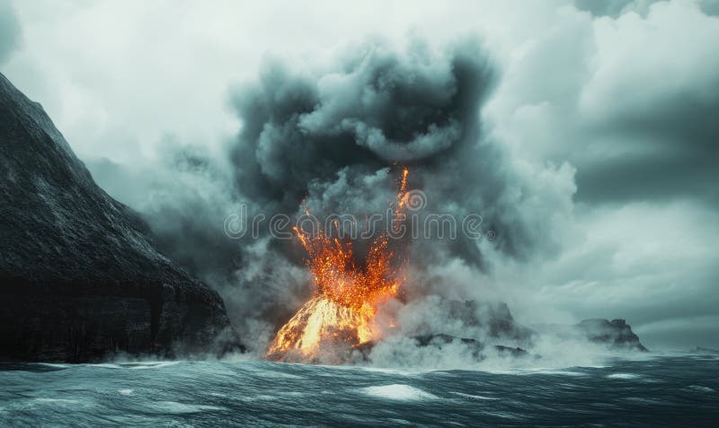 A Volcano Erupts in the Ocean, Sending Smoke and Ash into the Air Stock ...