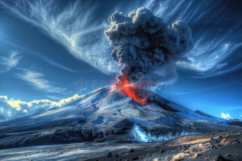 A Volcano Erupts, Releasing Smoke and Lava into the Air Stock Image ...