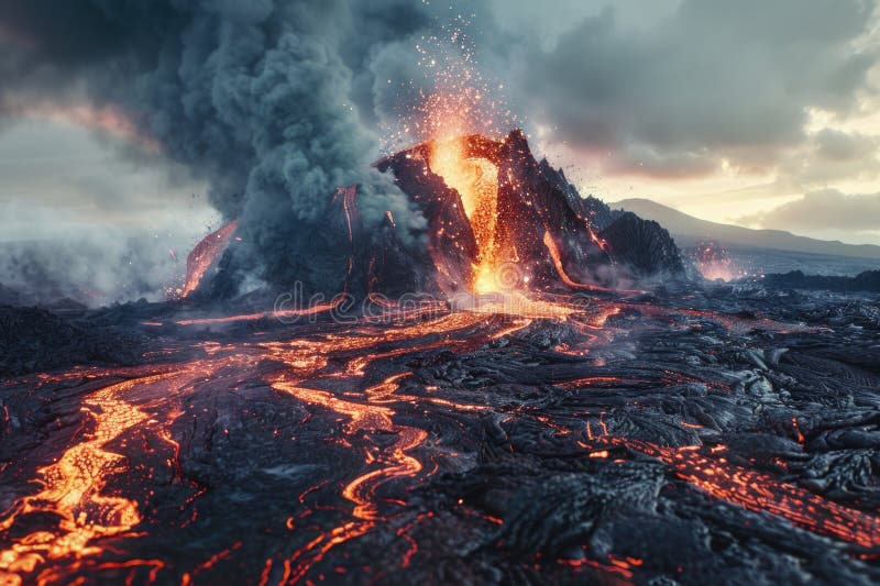 A Volcano Erupts, Spewing Out Hot Lava into the Air Stock Photo - Image ...