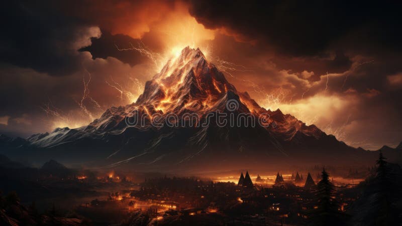 Volcano Erupts on Sunset Background Stock Illustration - Illustration ...