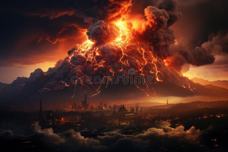 Volcano Erupts on Sunset Background Stock Illustration - Illustration ...